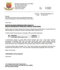 3 Contoh Surat Kutipan Yuran PIBG (PERCUMA)